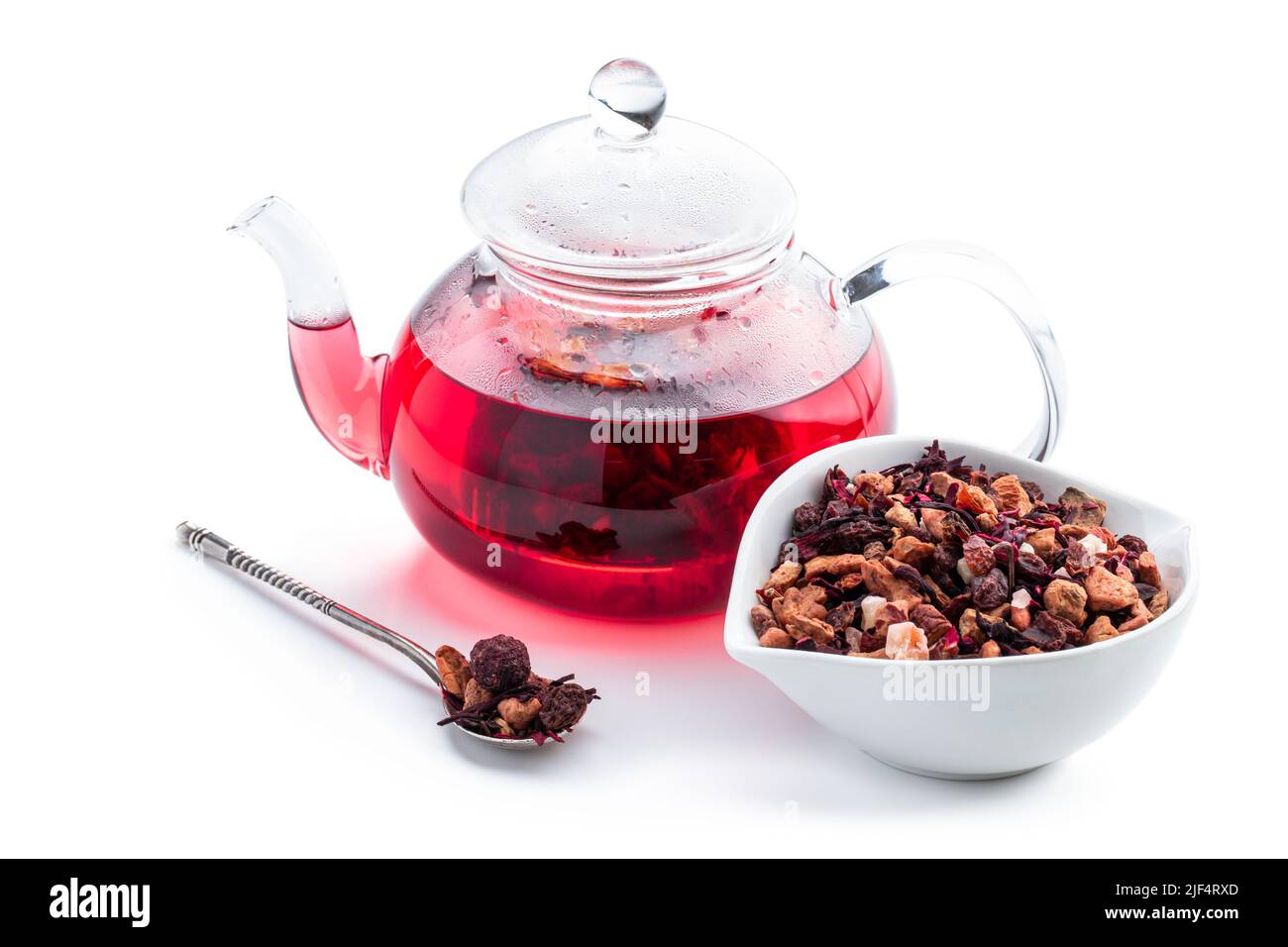 Hot fruit tea in glass teapot isolated on white Stock Photo - Alamy