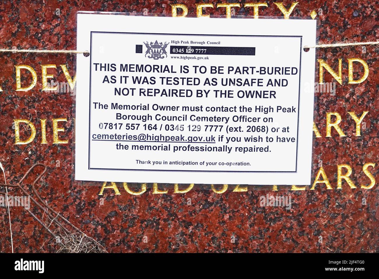 A notice at Thornsett Cemetery, New Mills, Derbyshire that this unsafe ...
