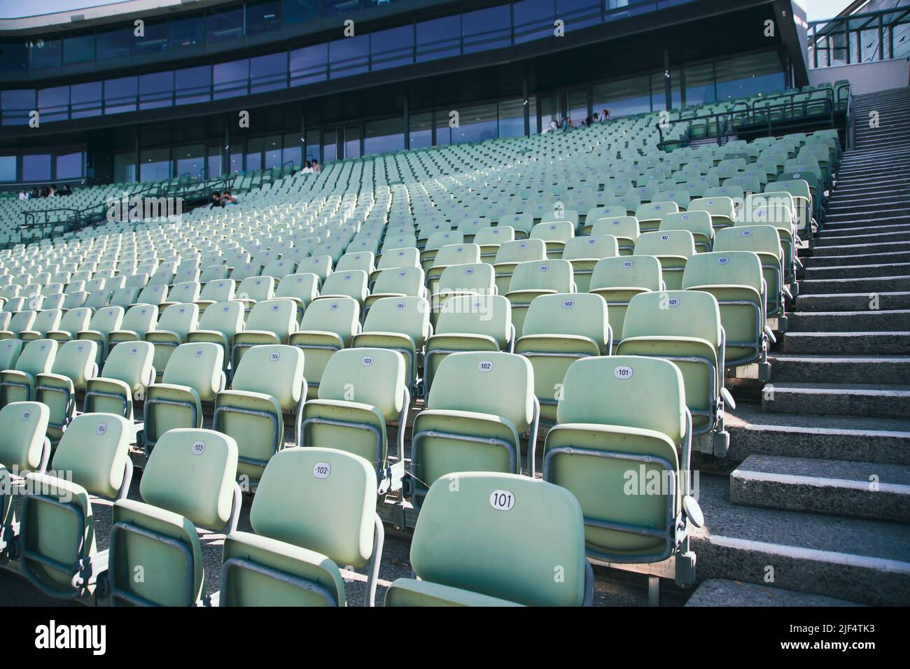 Empty chairs for audience on modern stadium arena or open air theatre ...