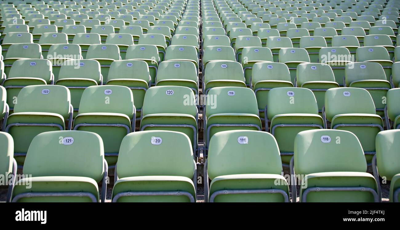 Empty chairs for audience on modern stadium arena or open air theatre ...