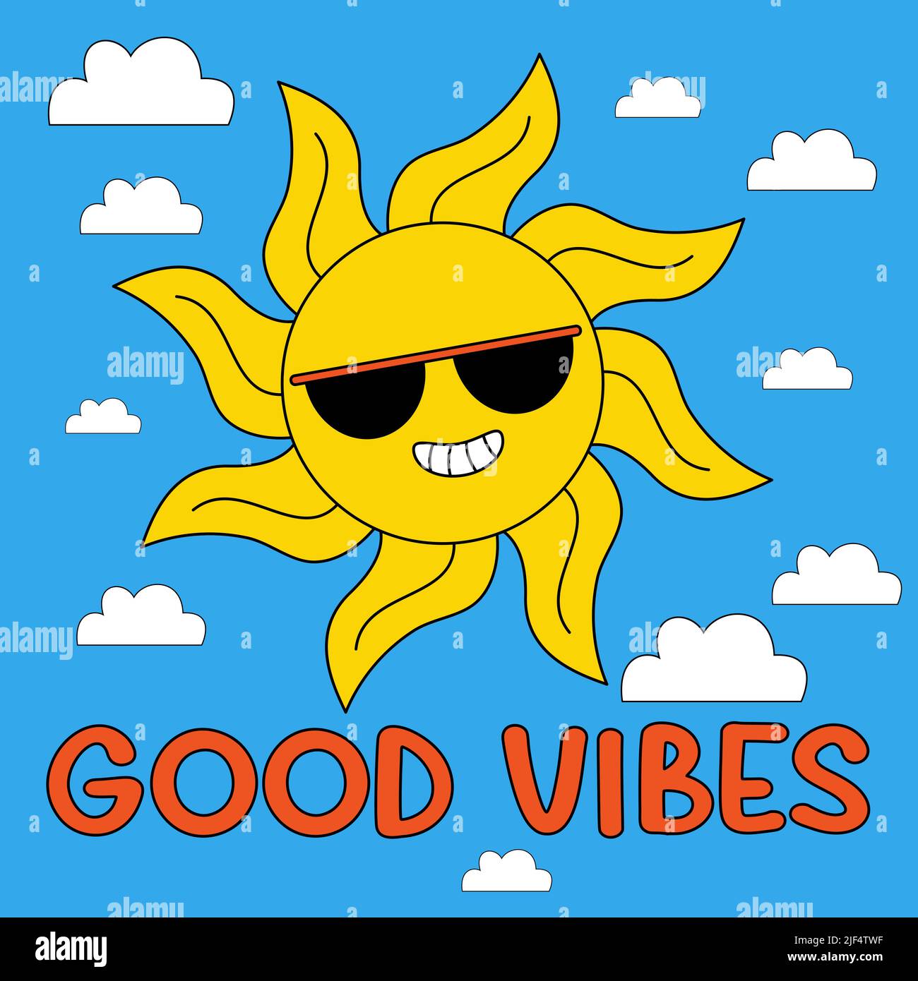 Funny cartoon character. Groovy element funky sun in dark glasses on ...