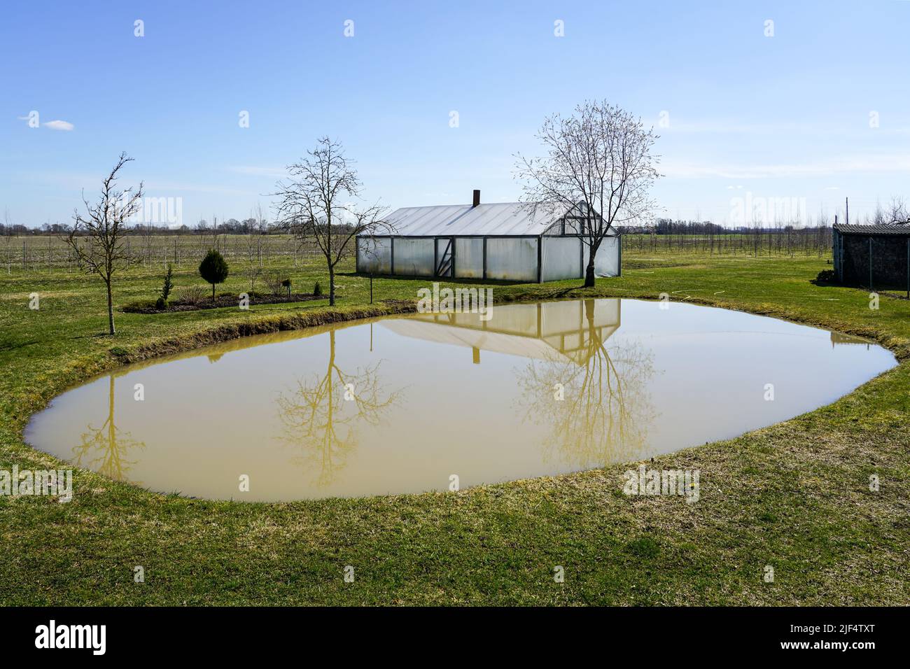 Small dangerous to sink round pond on a farm, full to the brim with ...
