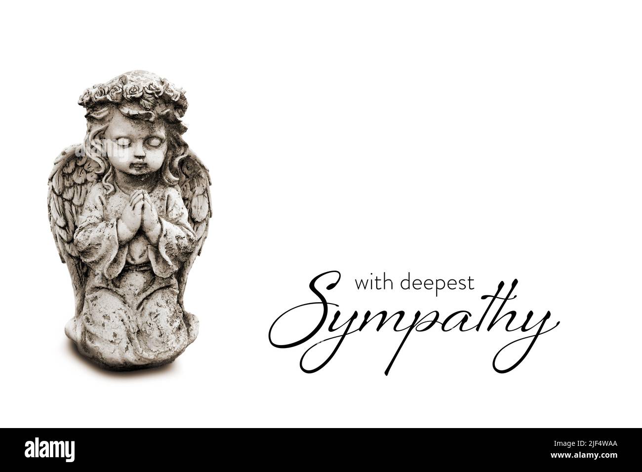 Sympathy card with guardian angel kneeling and praying isolated on ...