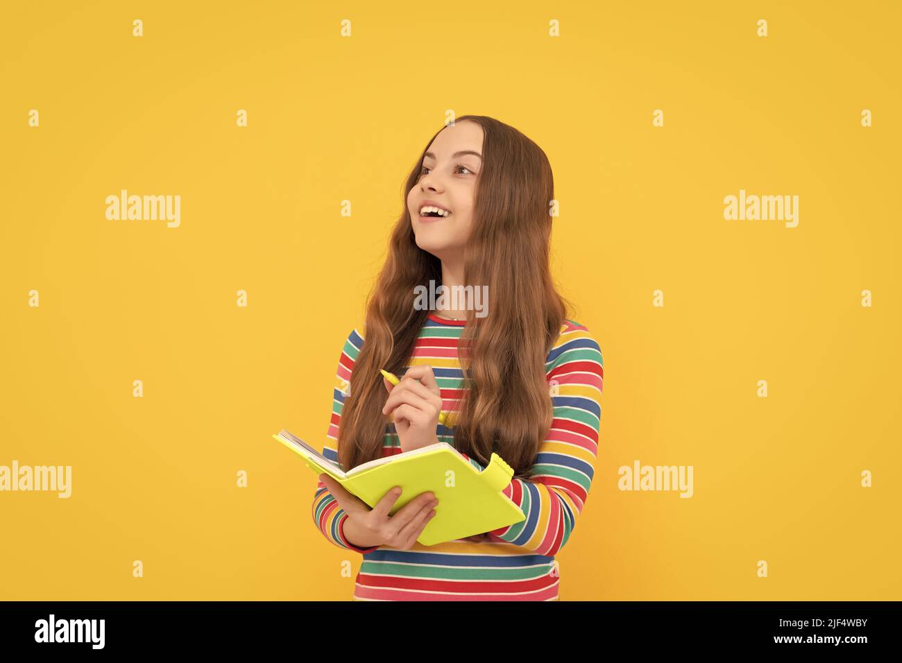 Once upon a time. Happy child write story. Story writer yellow ...