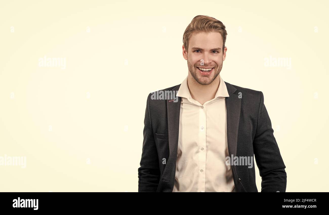 Happy businessman smile in formal business suit isolated on white copy ...