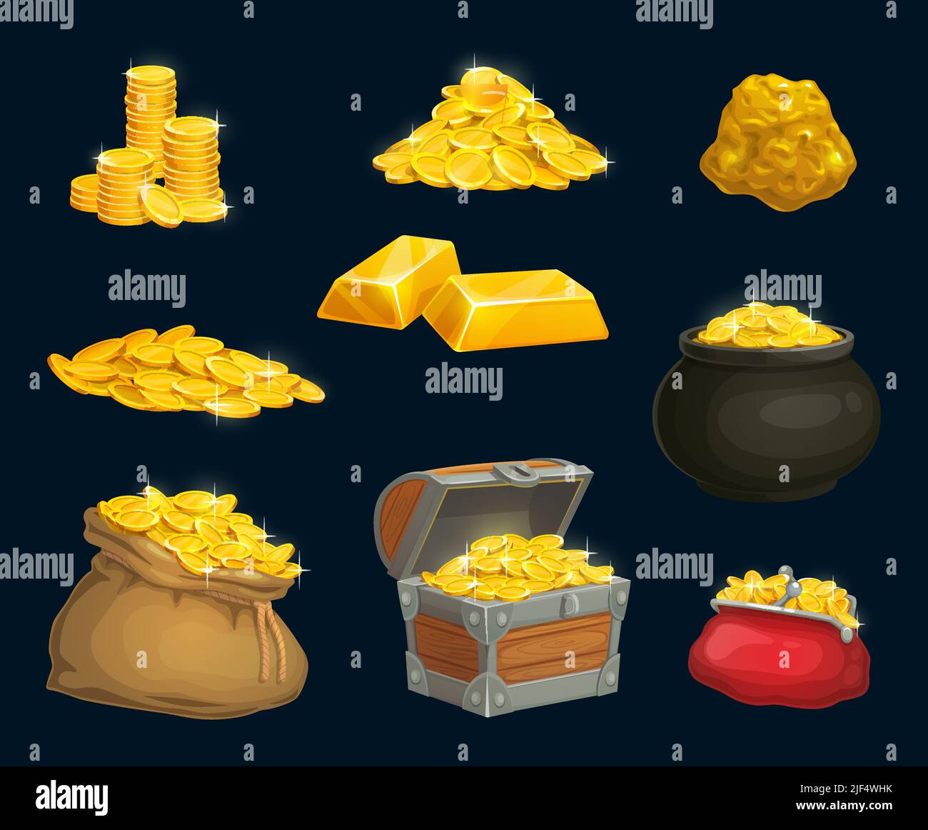 Cartoon golden coins, nugget, chest and wallet, bag and pot of gold ...