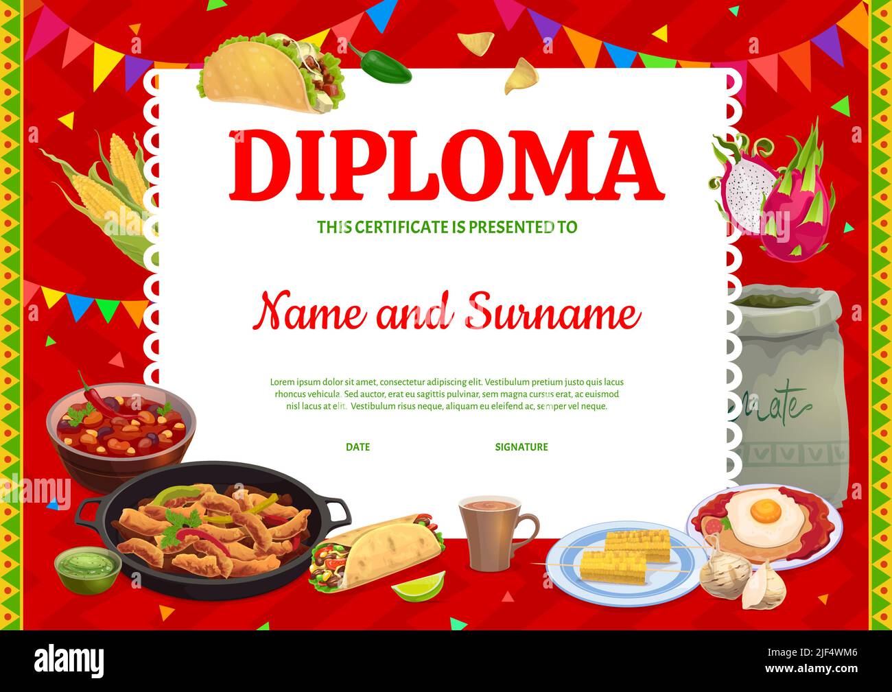 Chef diploma. Mexican cuisine meals, sauces, fruits and tea, vector ...