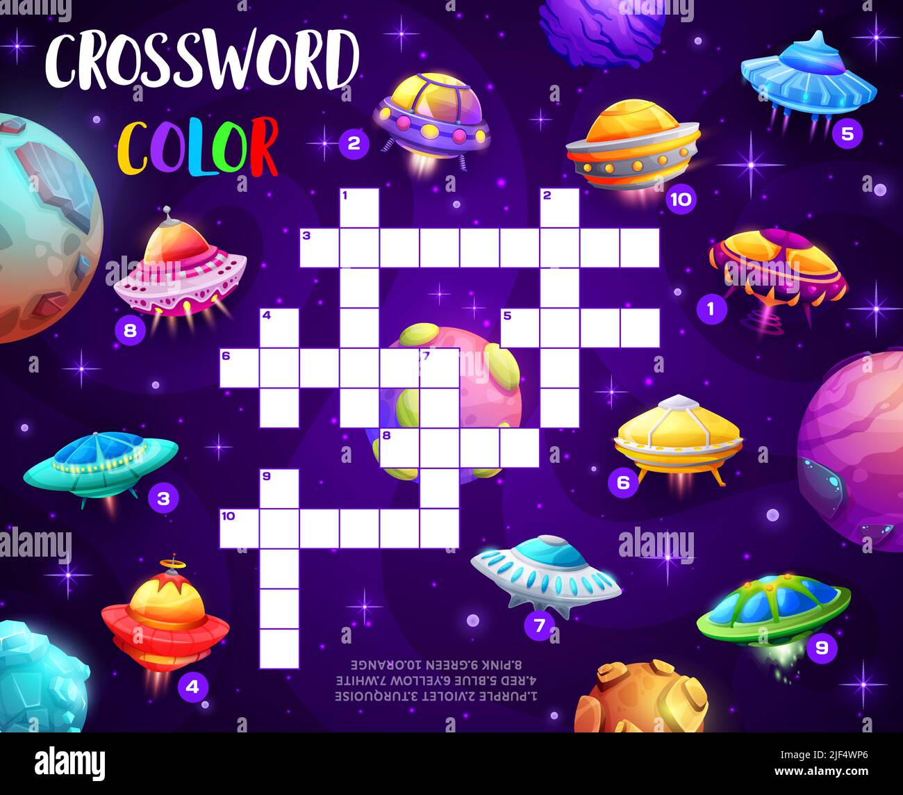 Space planets, Ufo and flying saucers crossword grid, find a word quiz ...