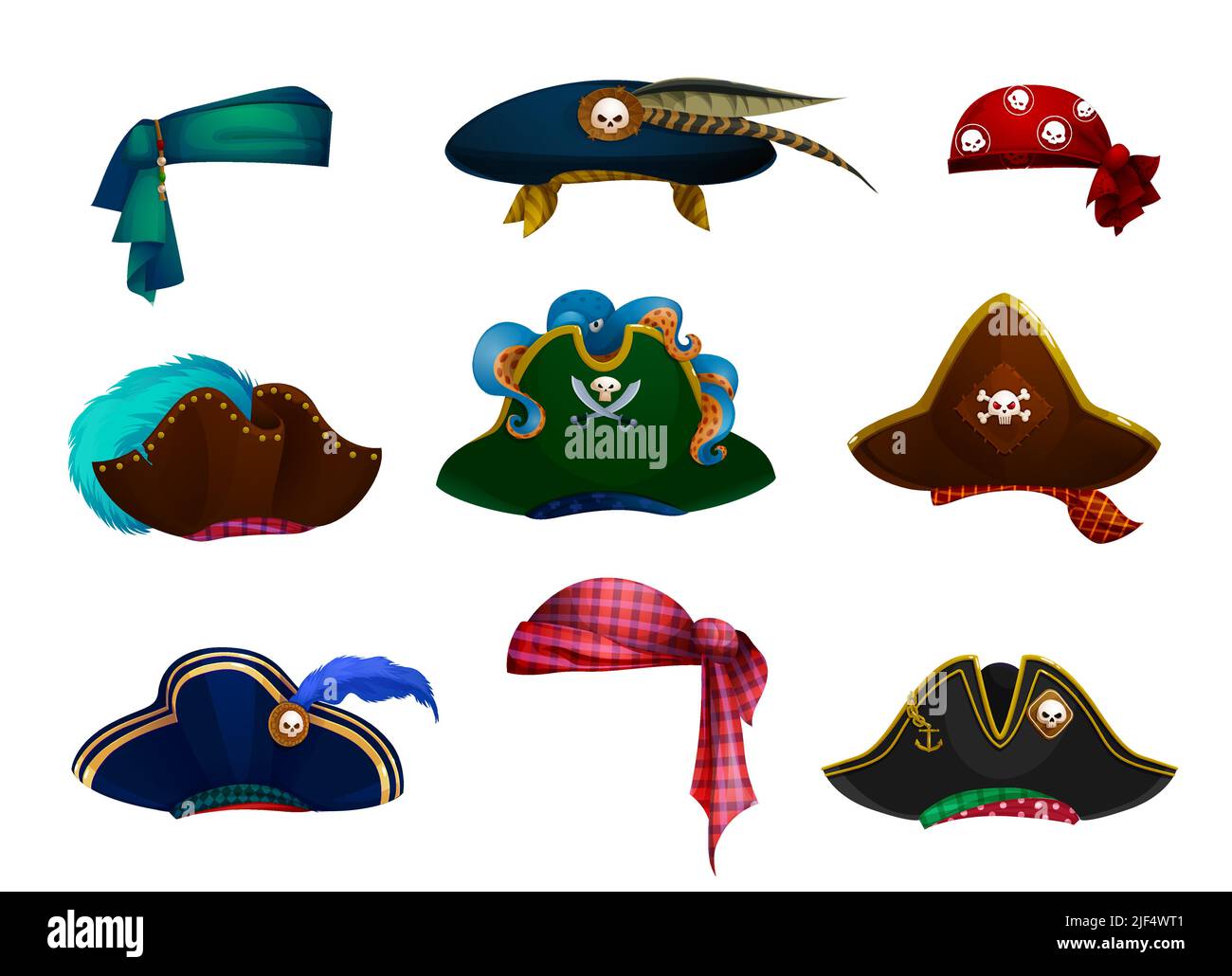 Cartoon captain tricorn cocked hat and pirate bandanas. Isolated vector pirate buccaneer ...