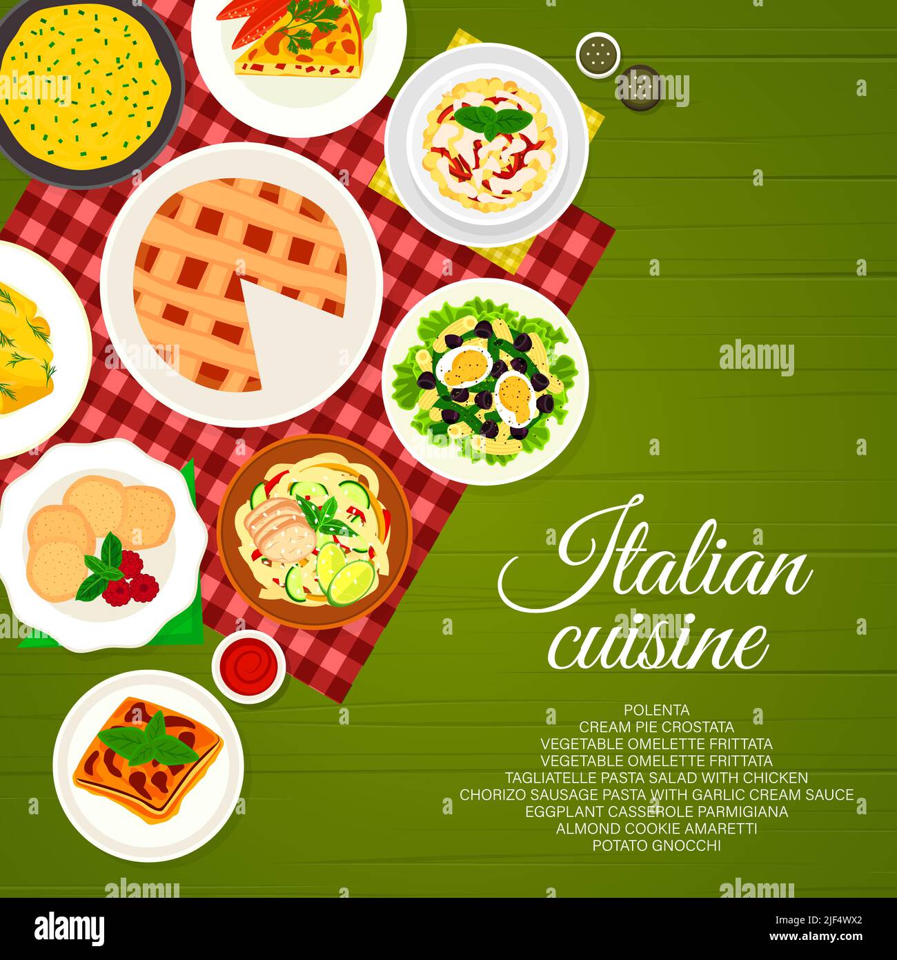 Italian cuisine restaurant menu cover. Pasta salad with tuna, pie ...