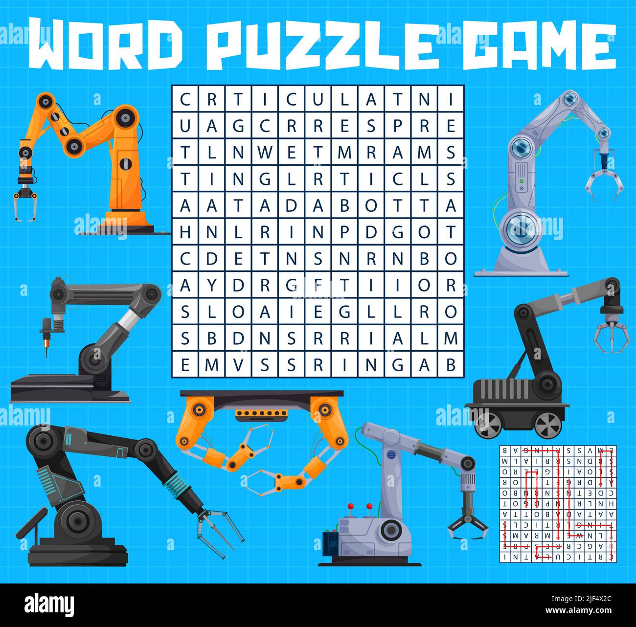 Robot arms factory, word search puzzle game worksheet on vector grid ...