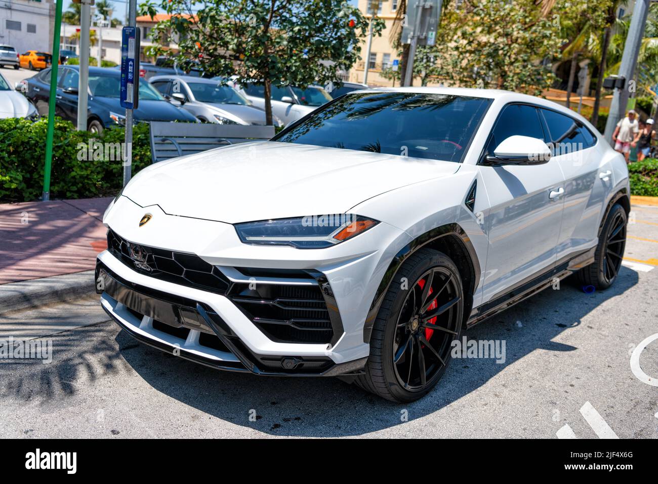 Miami Beach, Florida USA - April 14, 2021: luxurious white Lamborghini ...