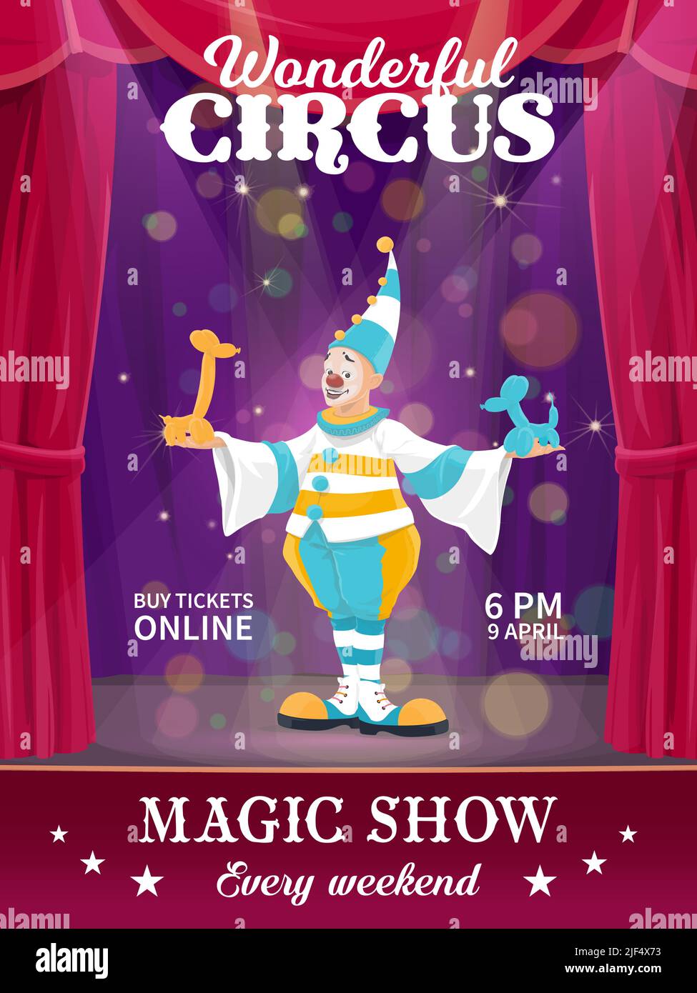 Chapiteau circus poster with cartoon clown on stage. Big top circus ...