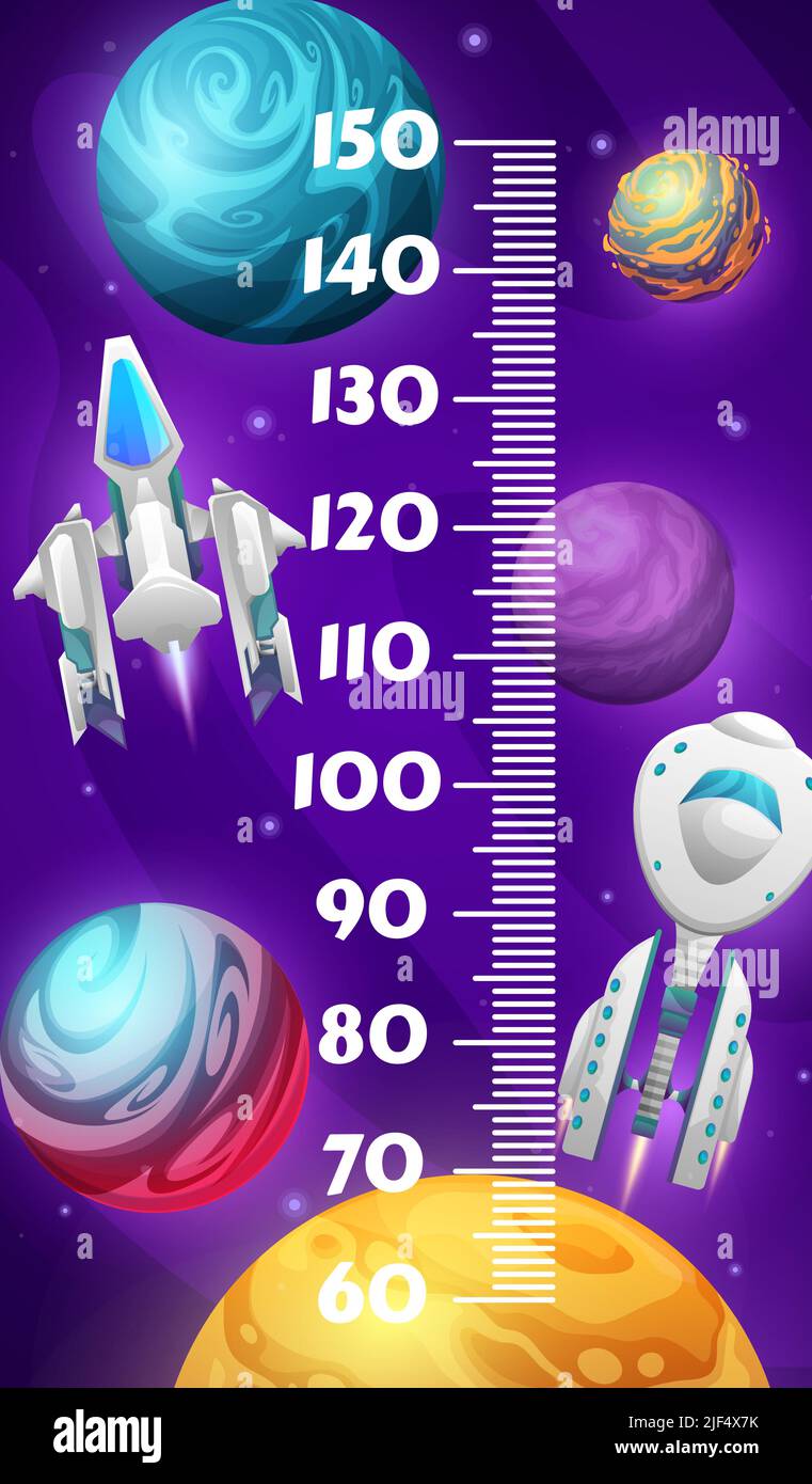 Kids height chart ruler, cartoon space planets, starship and star craft ...