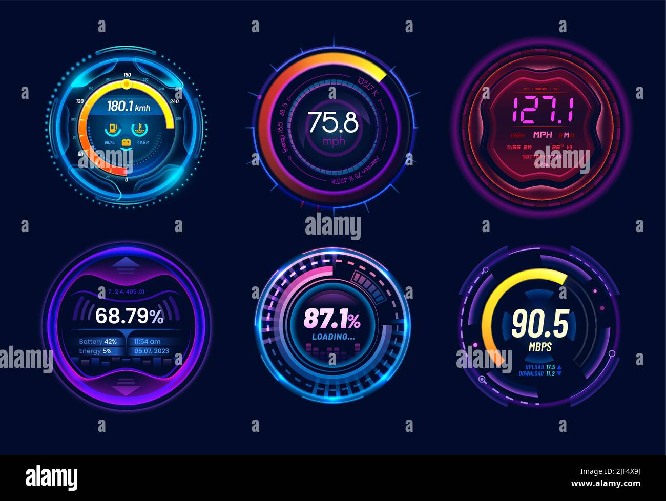 Car speedometer gauges with neon light panel and dials, vector ...