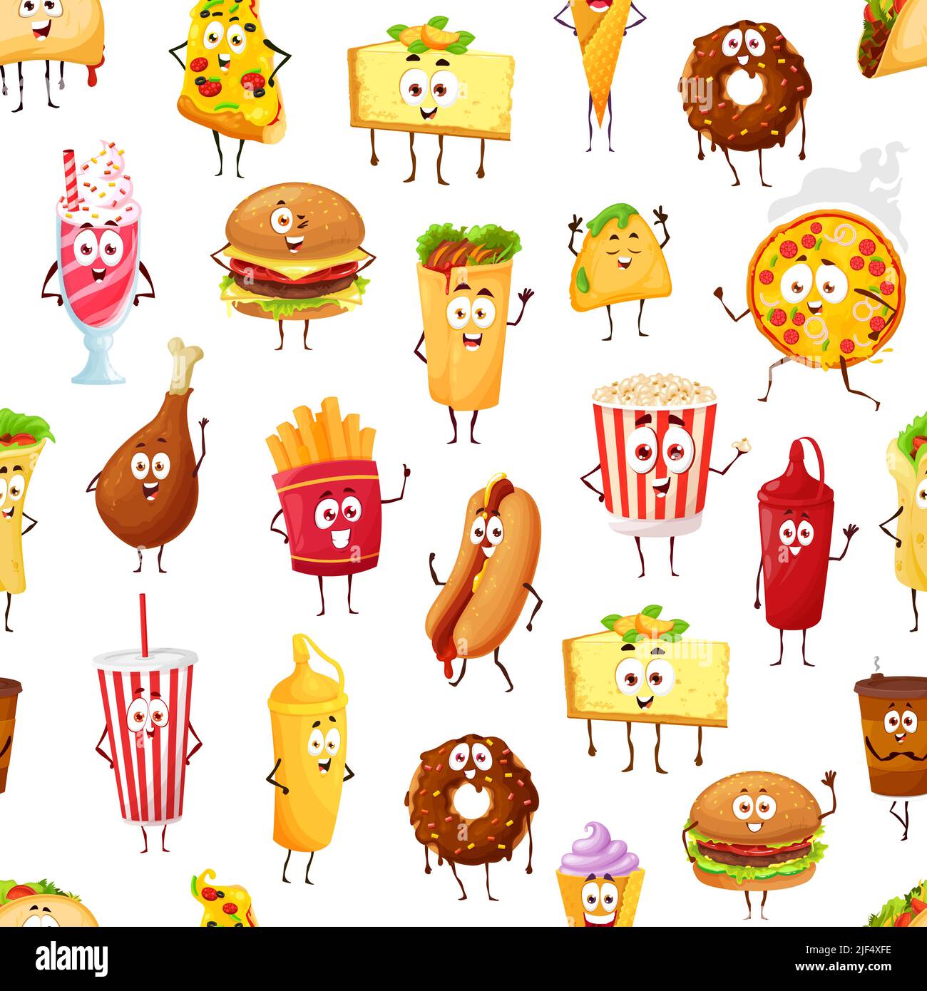 Cartoon takeaway fast food characters seamless pattern. Vector fast ...