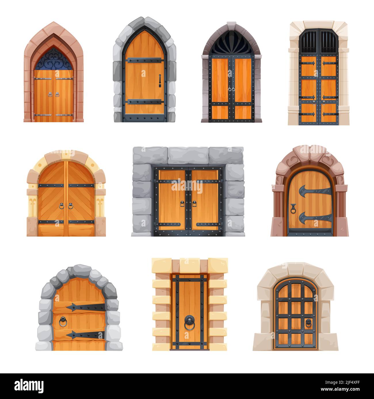 Cartoon medieval castle gates and doors, exterior arch portals with ...