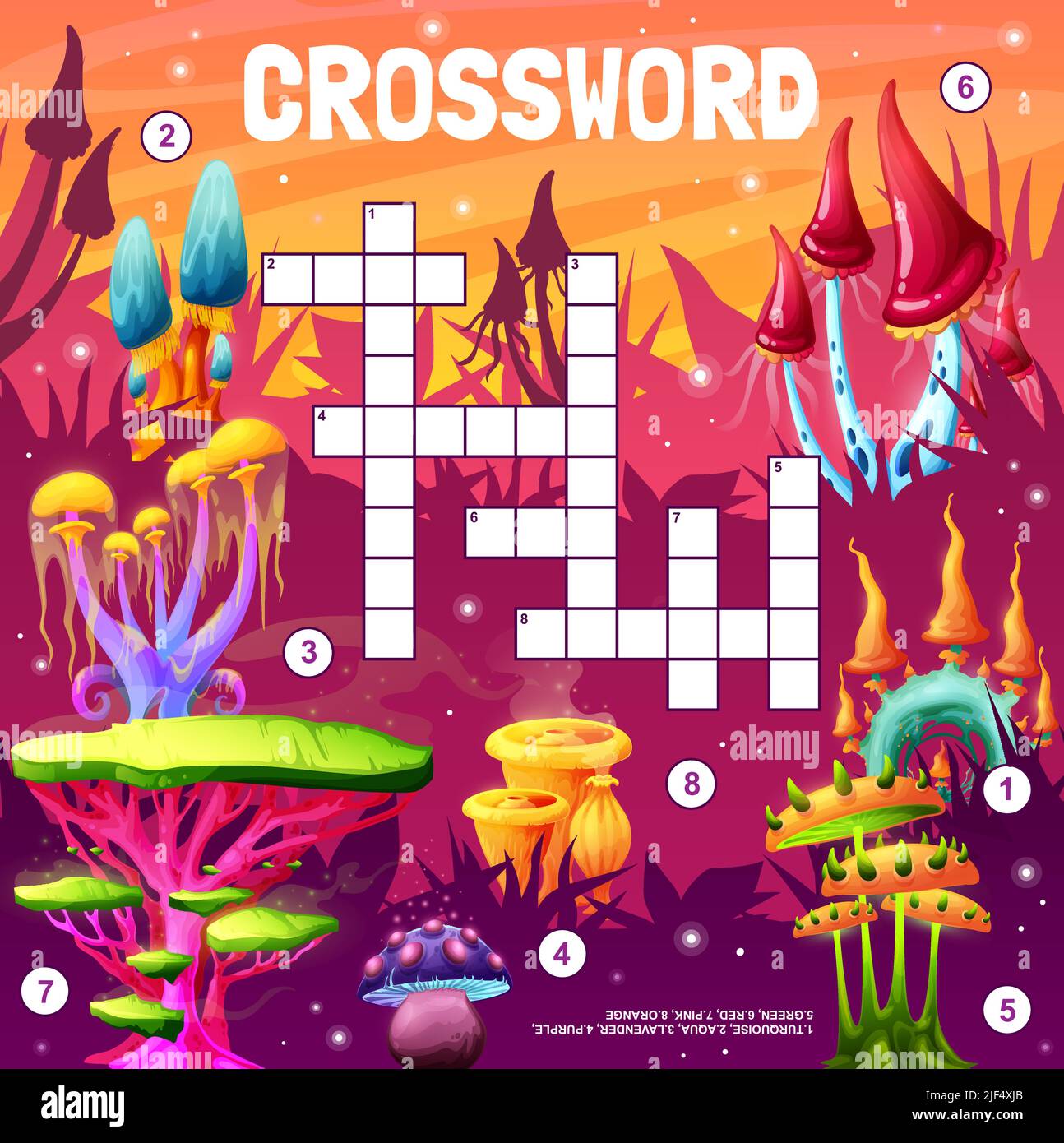 Magic fairytale mushrooms on alien planet. Crossword grid, find a word ...