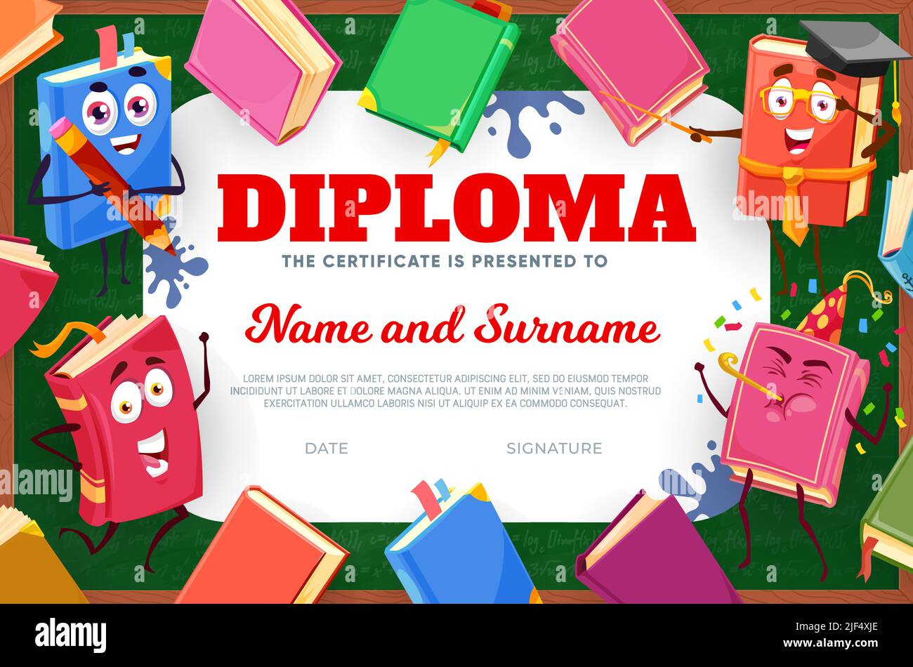 Kids diploma, bestseller books and textbook cartoon characters, vector ...