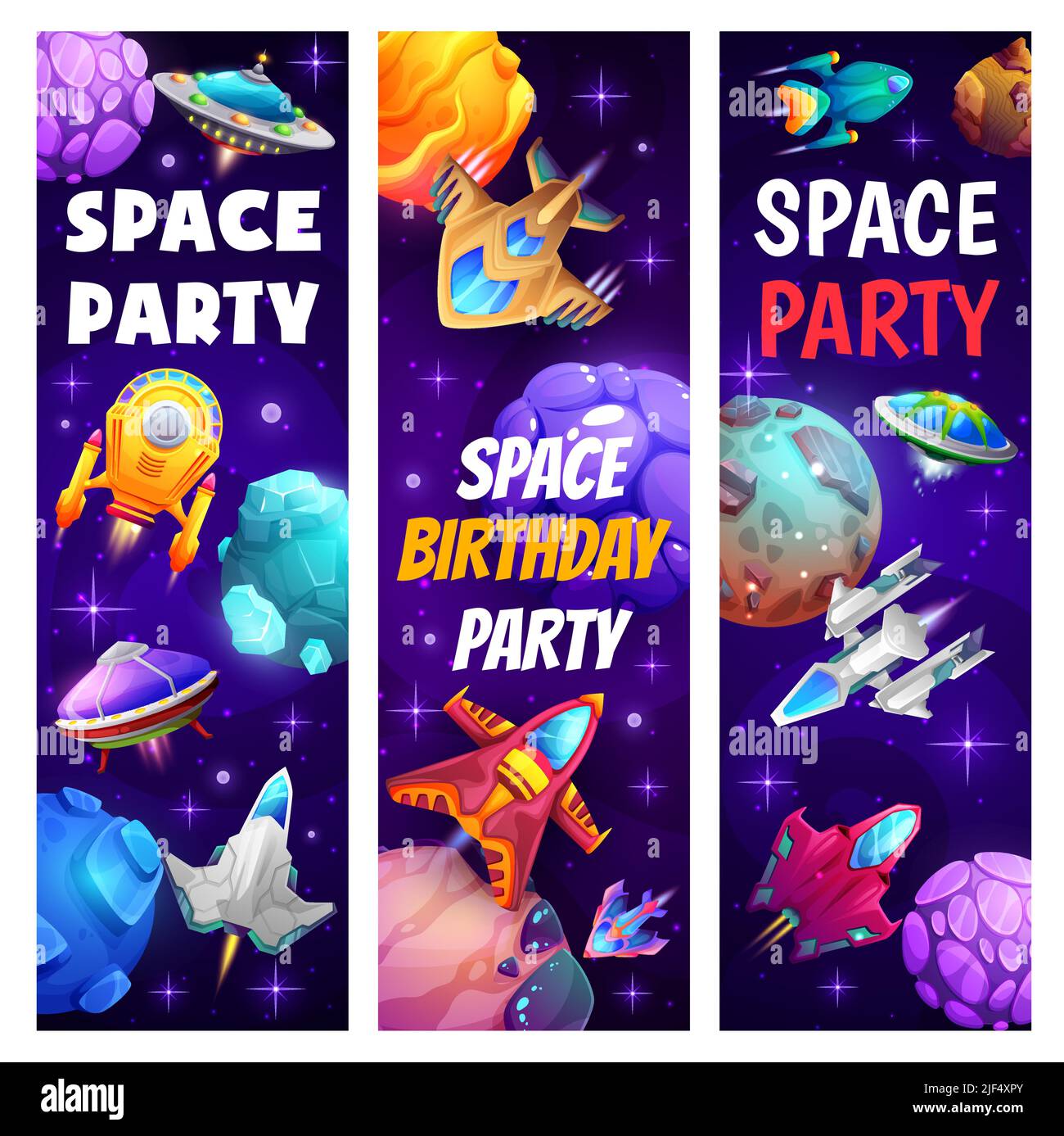 Space party, cartoon spacecrafts, starships and rockets in galaxy ...