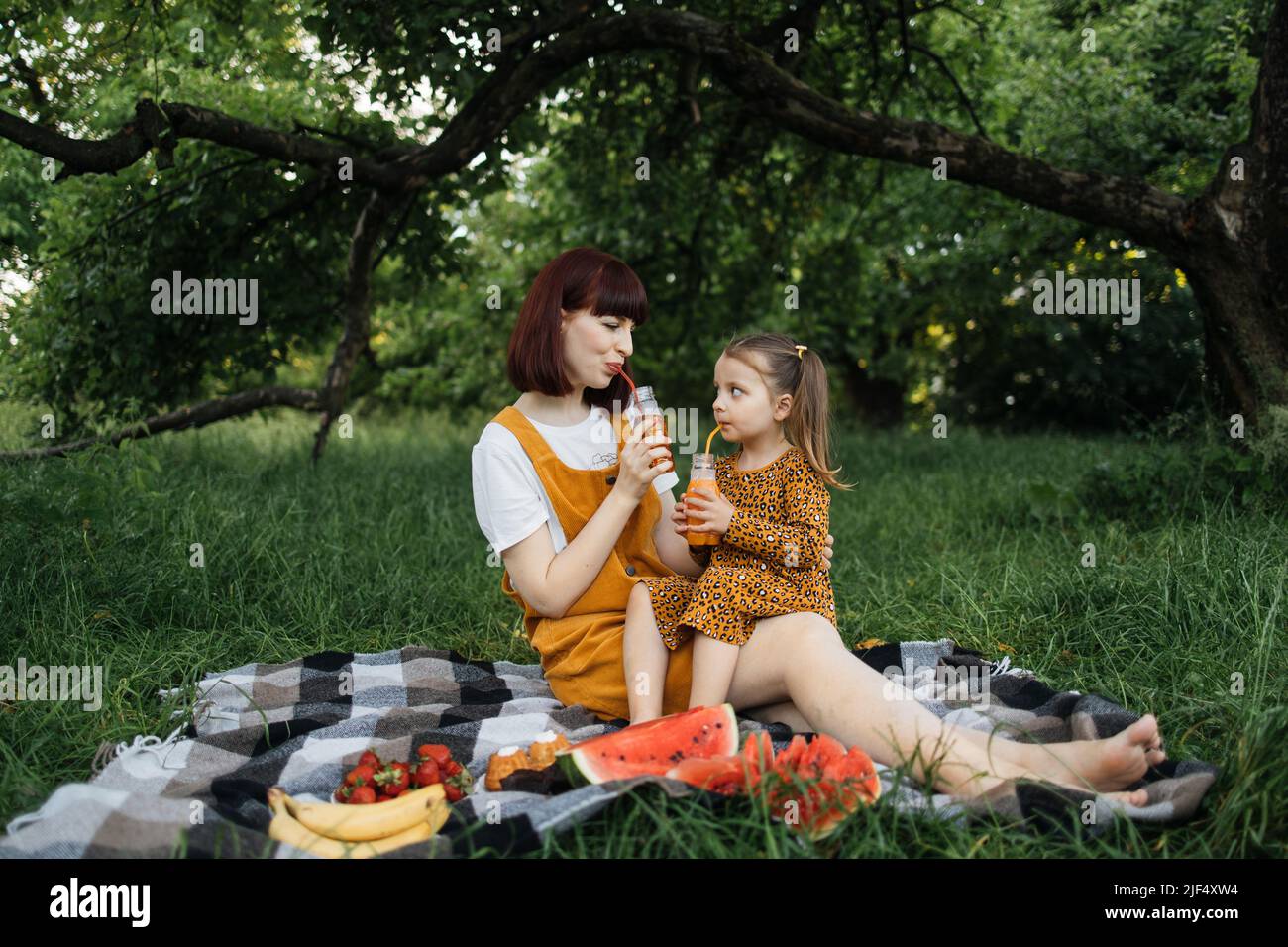 Young mom with her little cute daughter on a picnic in green park ...