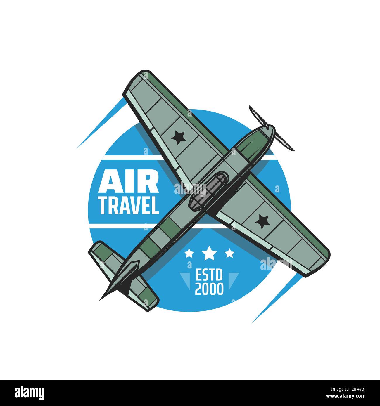 Air travel icon, vector emblem with propeller airplane with stars on ...