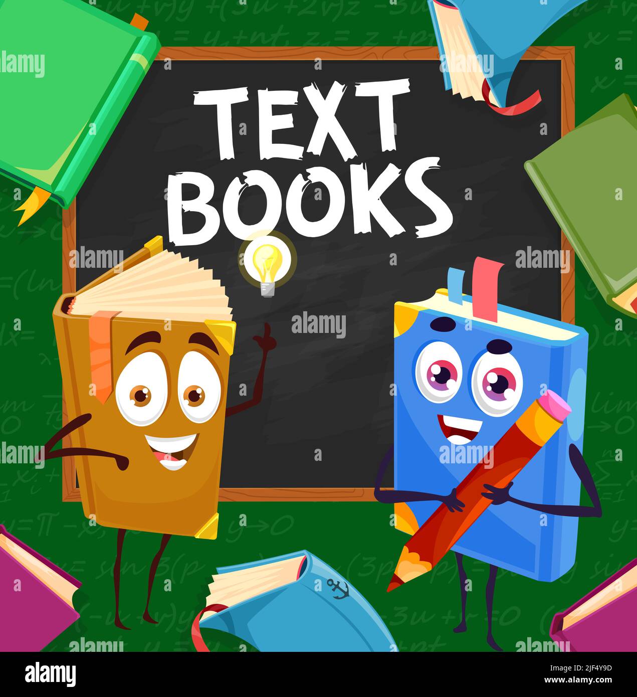 Cartoon textbook characters at school board, books with faces, vector ...