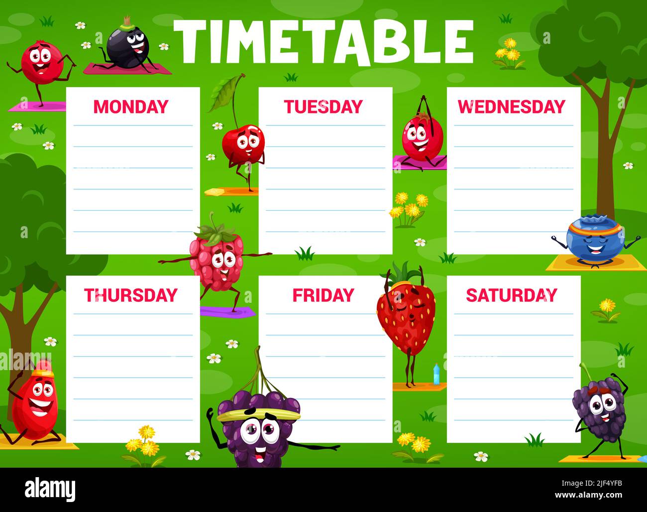 Education timetable schedule, cartoon berry characters on yoga fitness ...