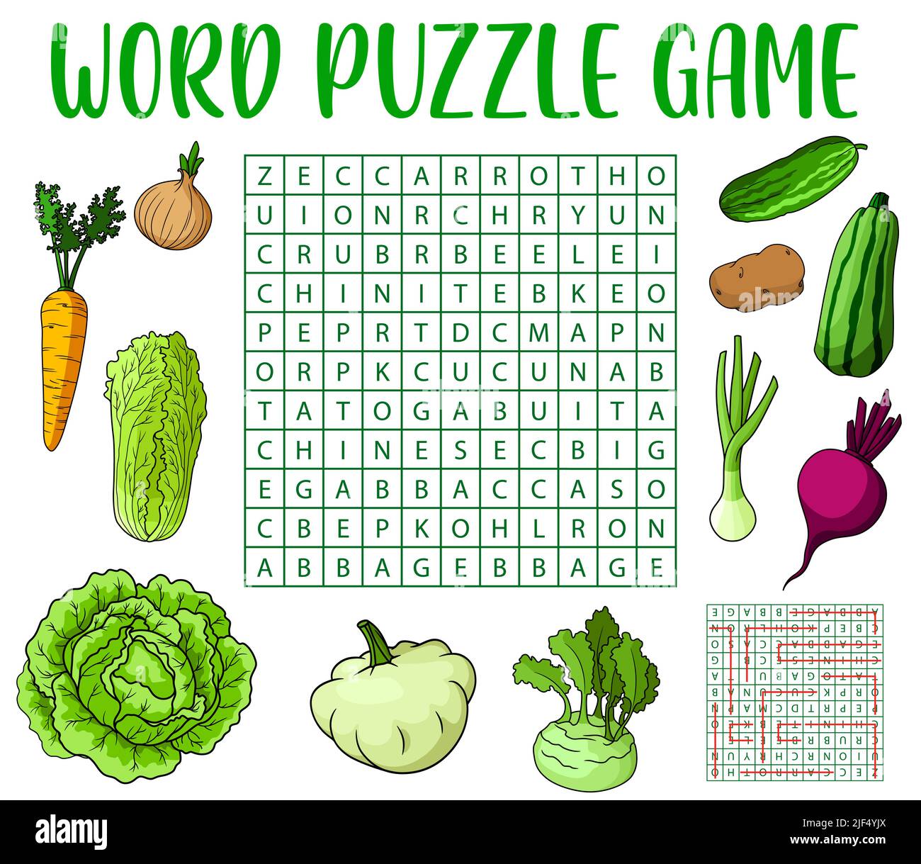 Raw farm vegetables on word search puzzle game worksheet. Child quiz ...