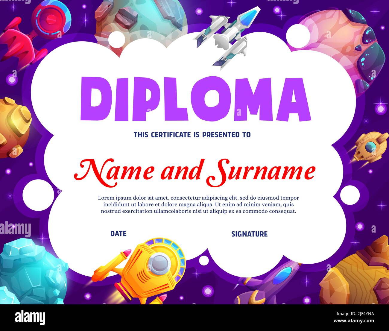 Kids diploma, cartoon spaceship starships, asteroids and space planets ...