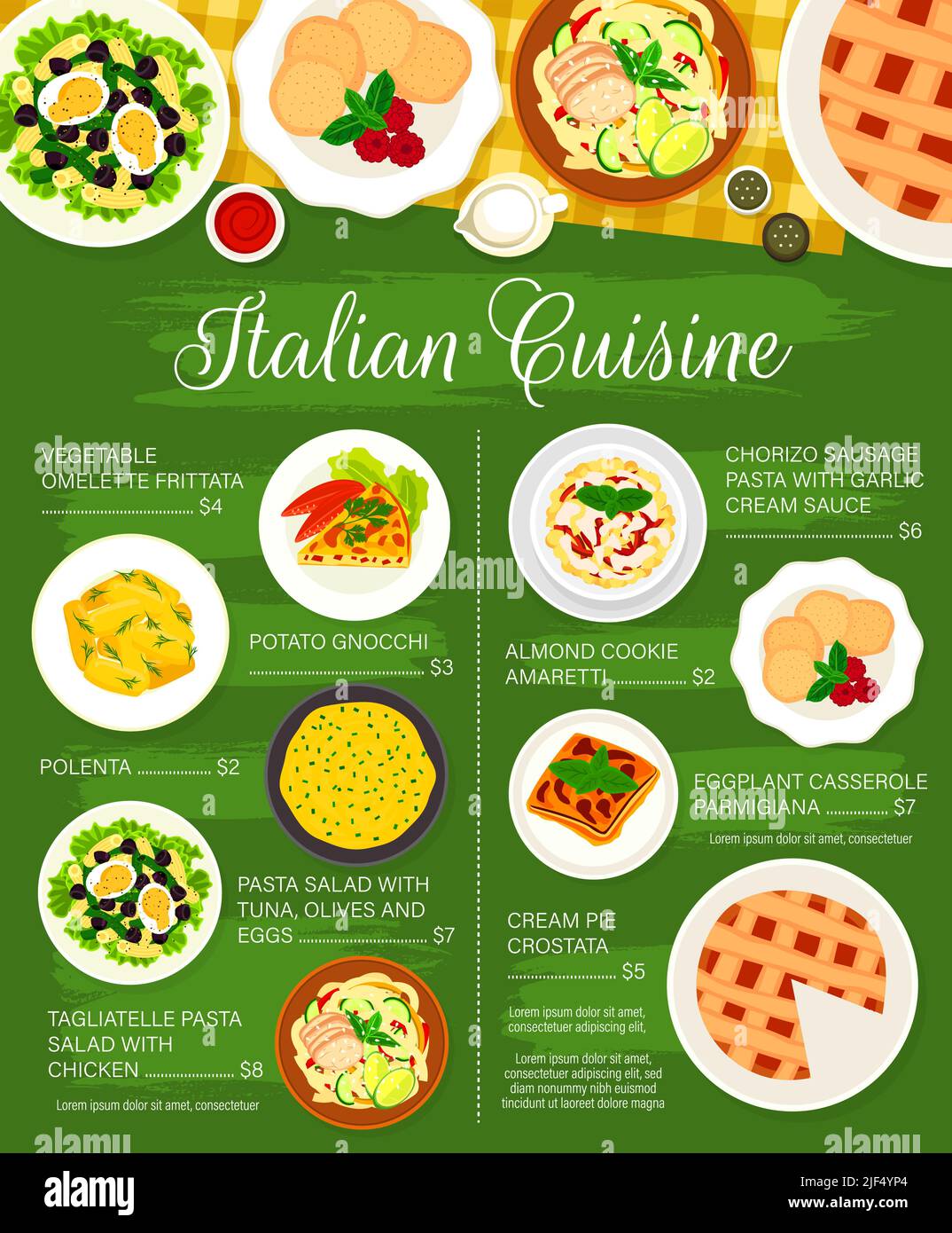 Italian cuisine menu. Potato Gnocchi, polenta and Tagliatelle pasta ...