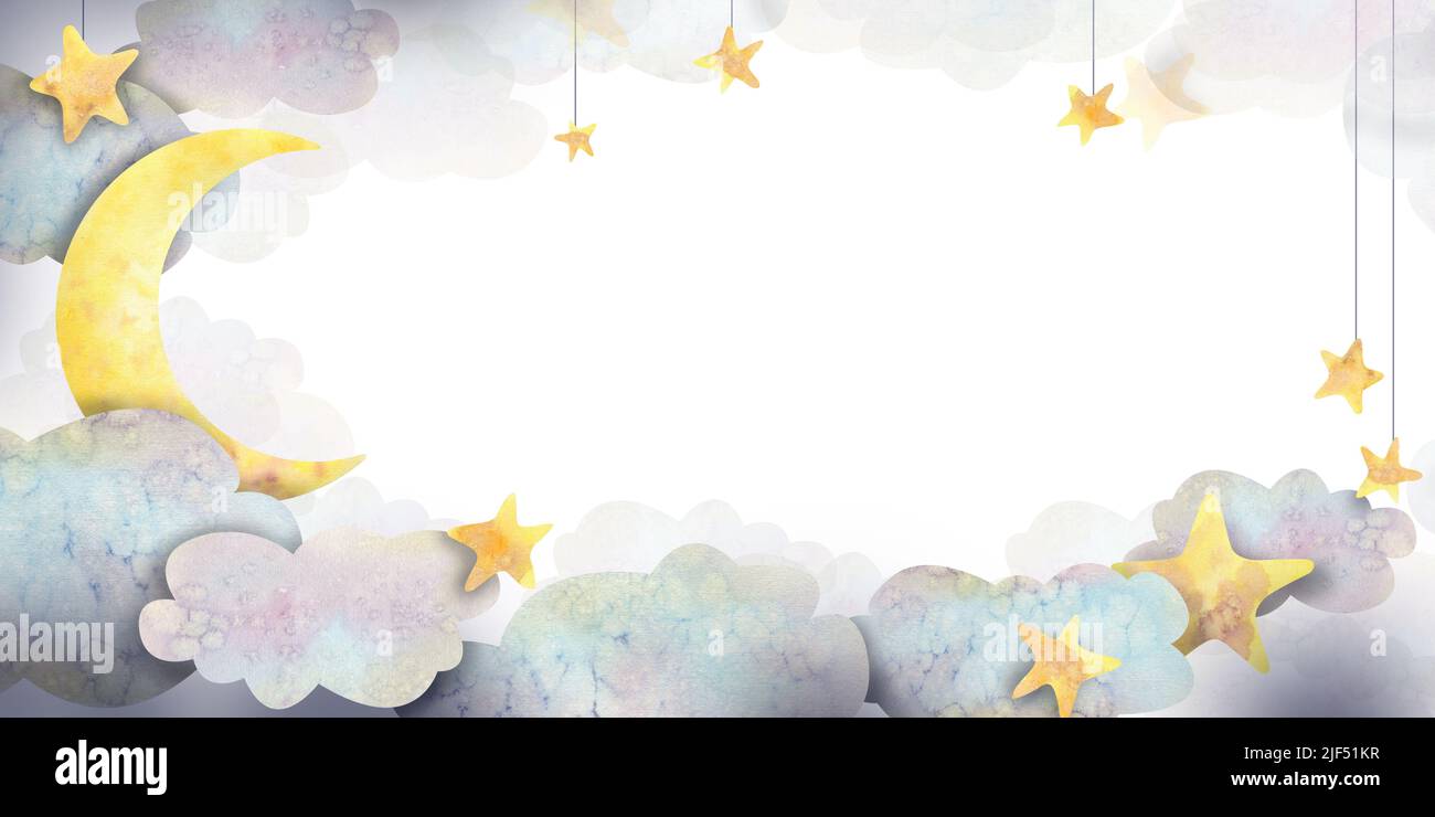 Horizontal frame on a light background of clouds, moon and stars ...