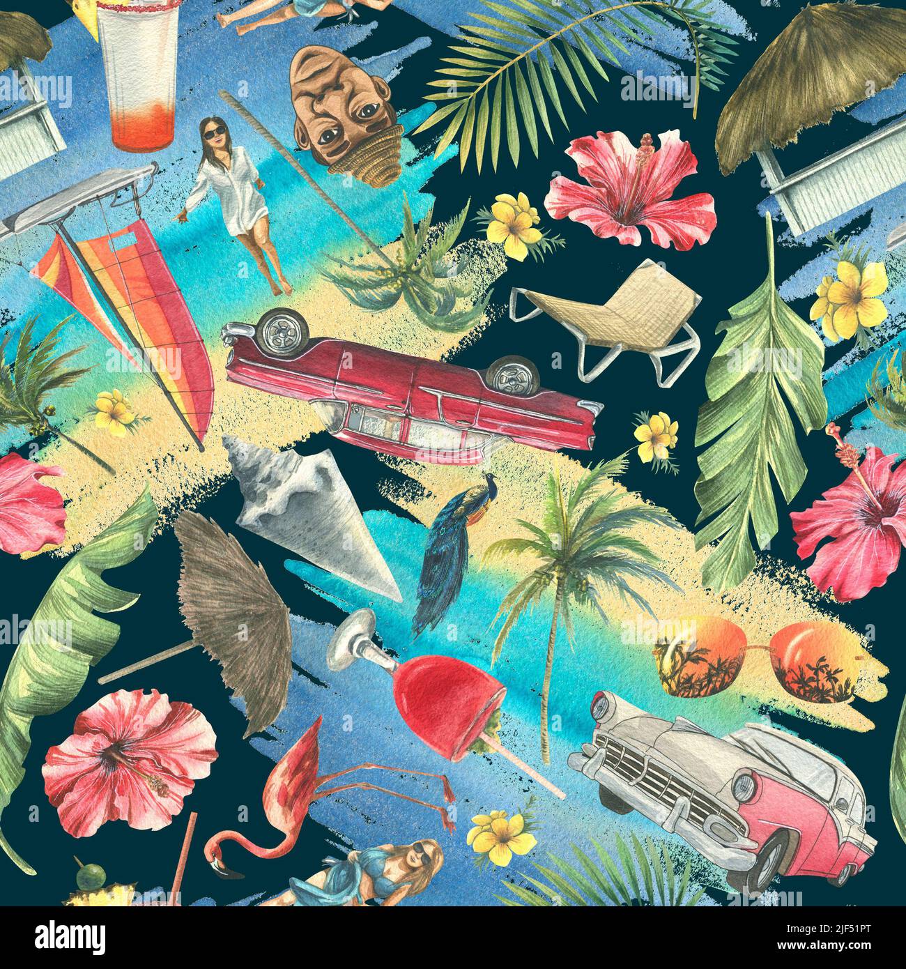 Tropical, Cuban, bright pattern. Seamless on a dark background with ...