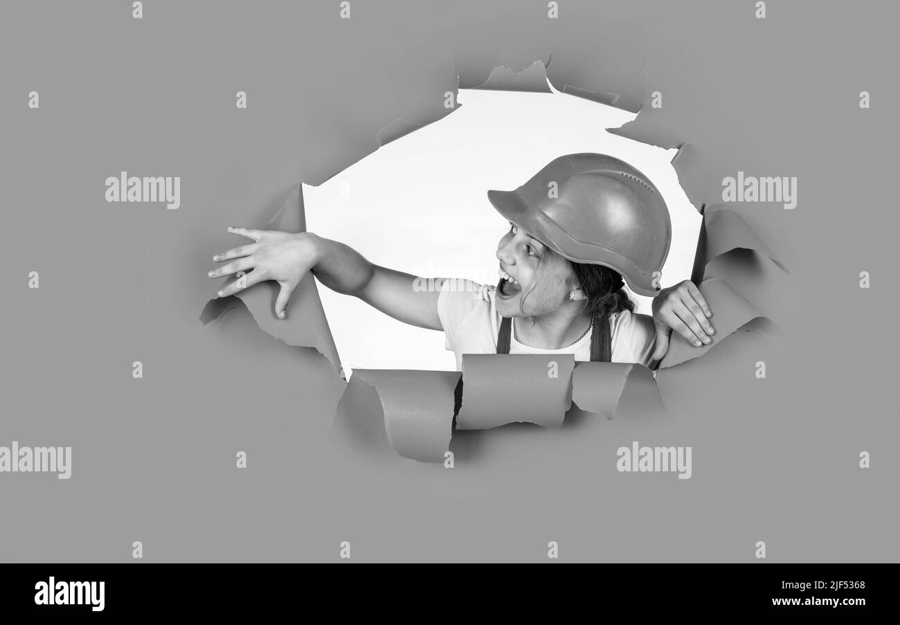 Child protection and safety. Little smiling builder in helmet. happy ...