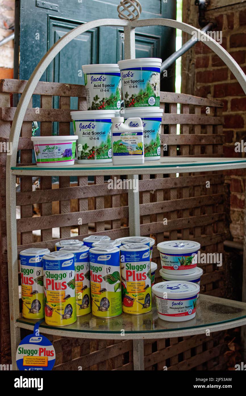 A shelf stacked with various brands of plant foods at the Lyman Estate ...