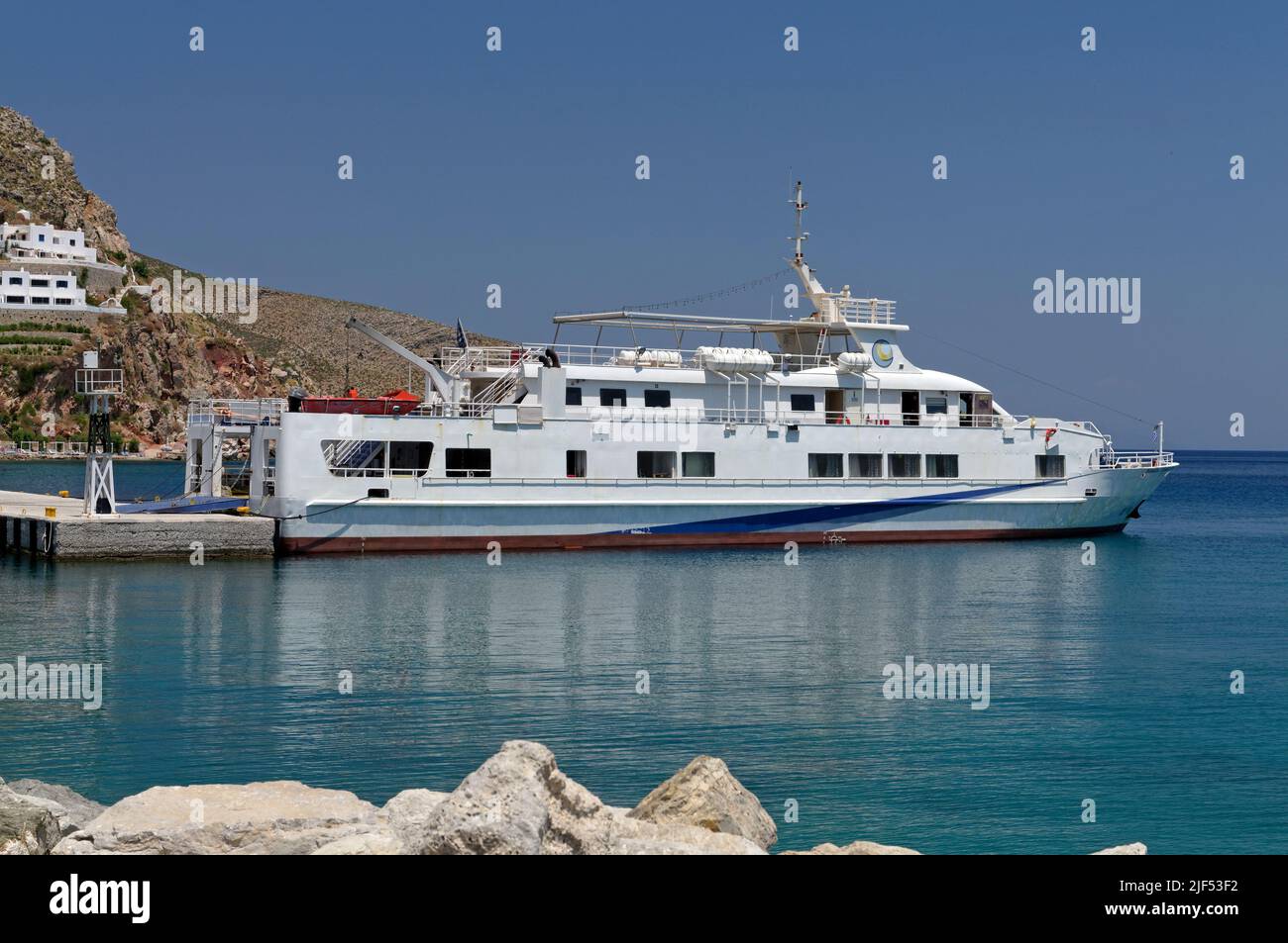 Panagia Evangelistria, Ferry boat in the harbour at Livadia, Tilos ...
