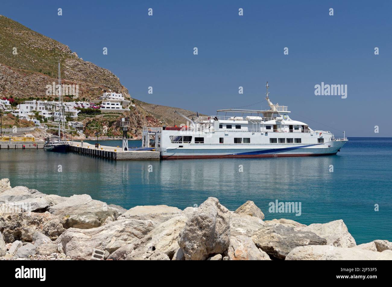 Panagia Evangelistria, Ferry boat in the harbour at Livadia, Tilos ...