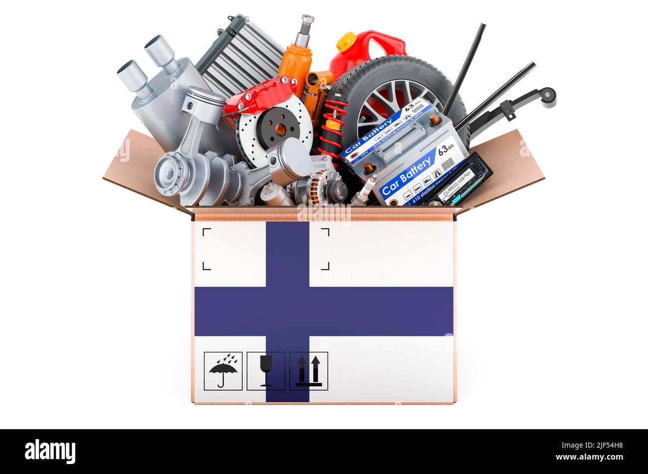 Finnish flag painted on the parcel with car parts. 3D rendering ...