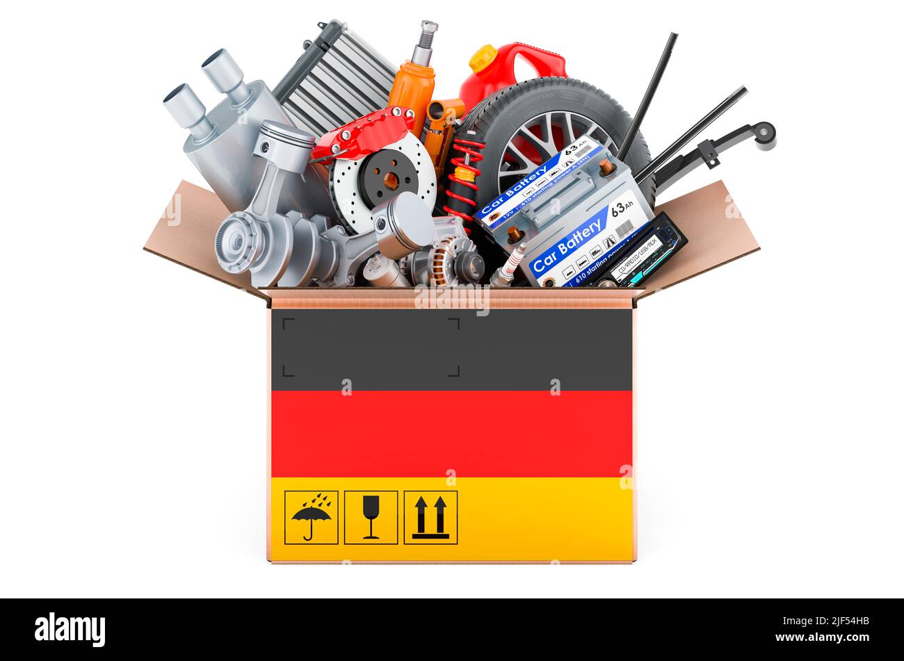 German flag painted on the parcel with car parts. 3D rendering isolated ...