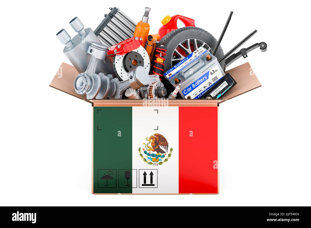 Mexican flag painted on the parcel with car parts. 3D rendering ...
