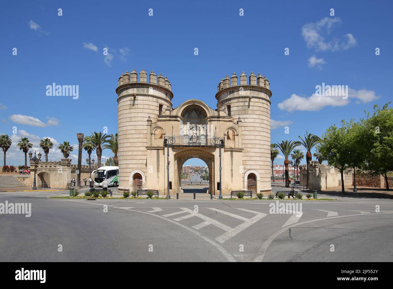 Gate with twin towers Puerta de Palmas built in 1551 at the Puente de ...