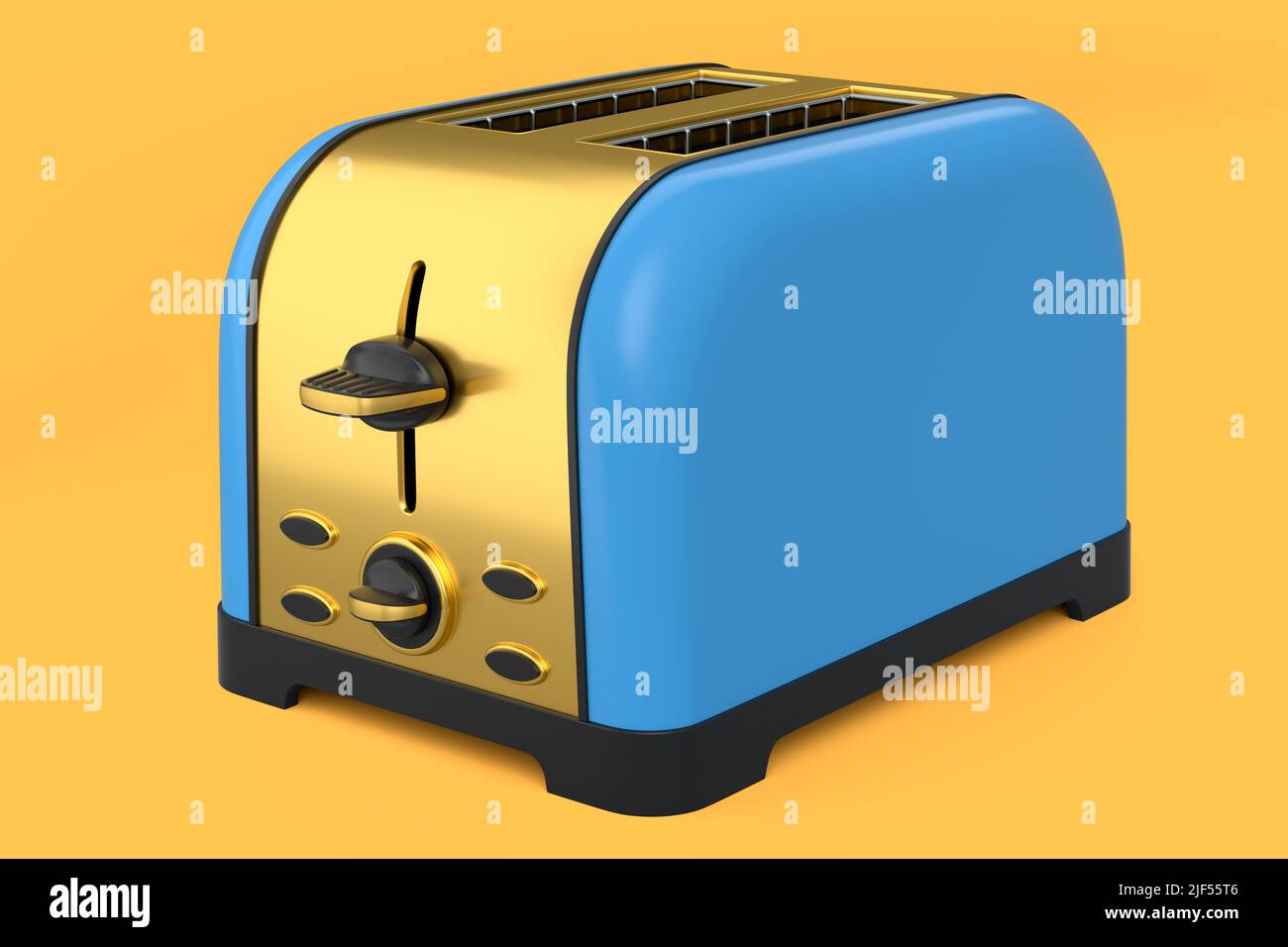 Stainless steel toaster for making toast bread on a yellow background ...