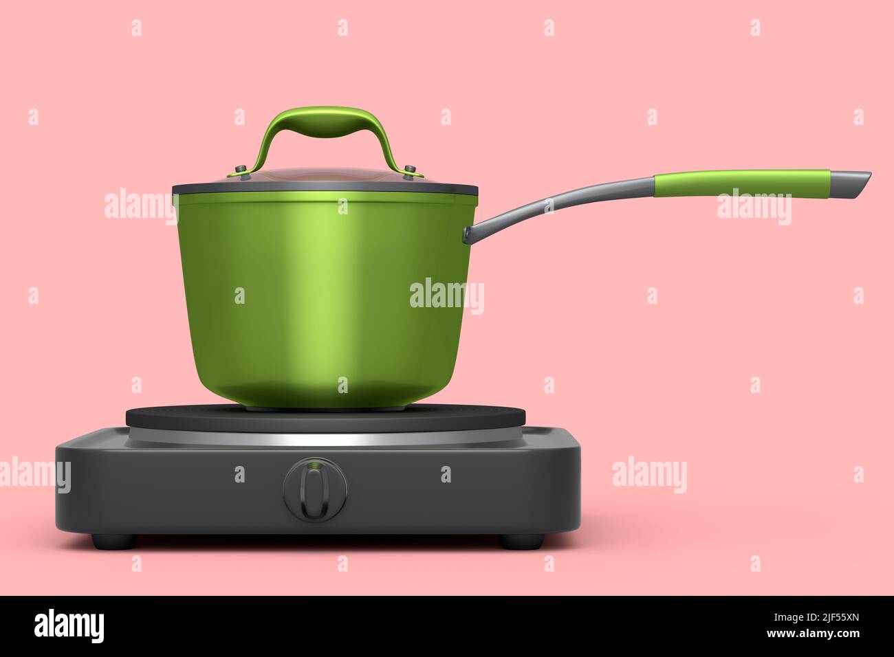 Stainless steel stewpot on portable camping electric stove on pink ...