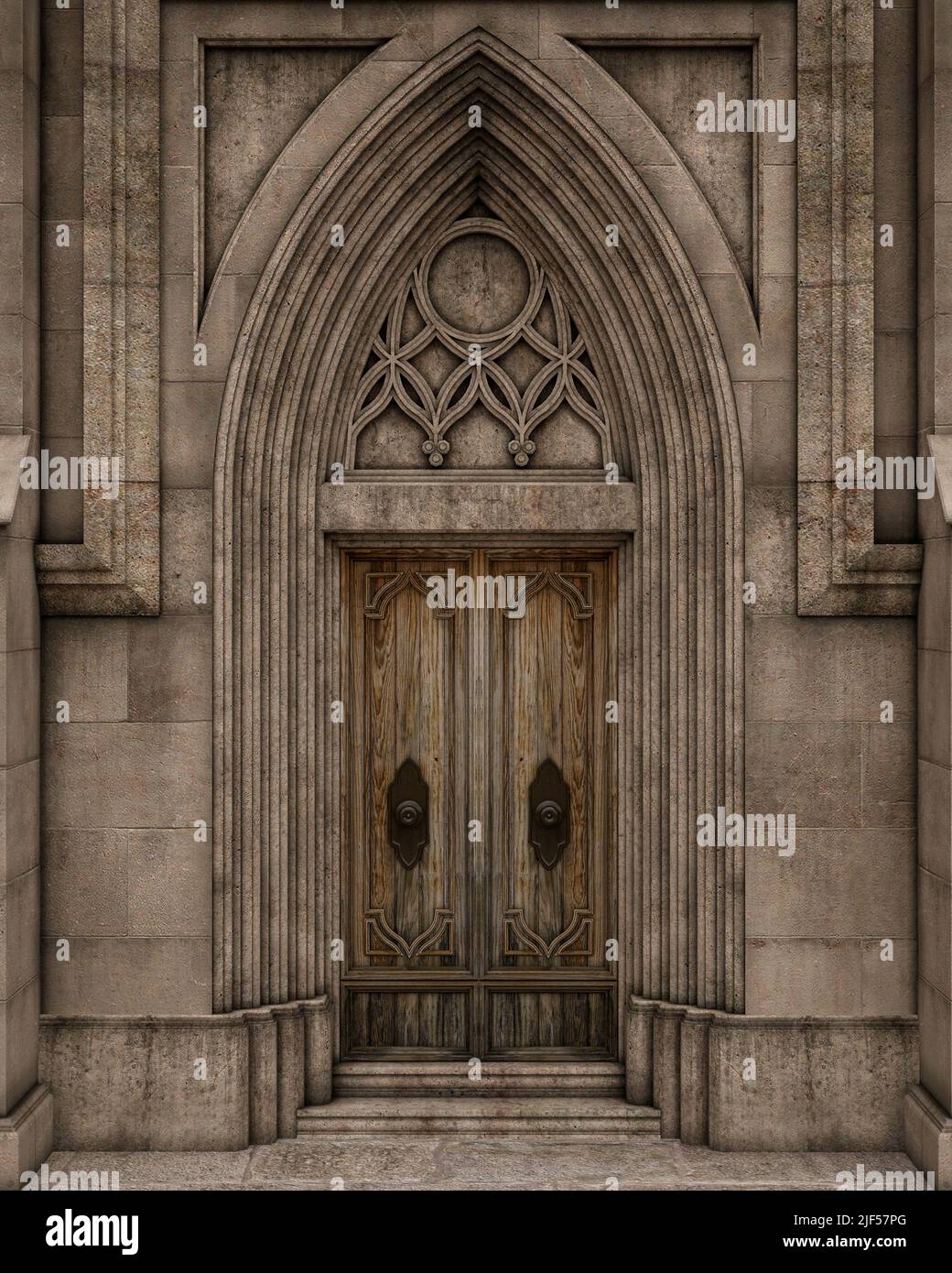 Gothic stone arch around old wooden door entrance to church or large ...