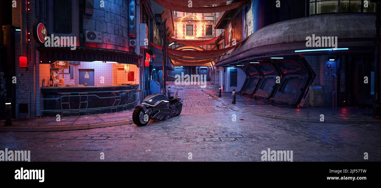 Futuristic motorcycle parked outside a fast food bar in a seedy ...