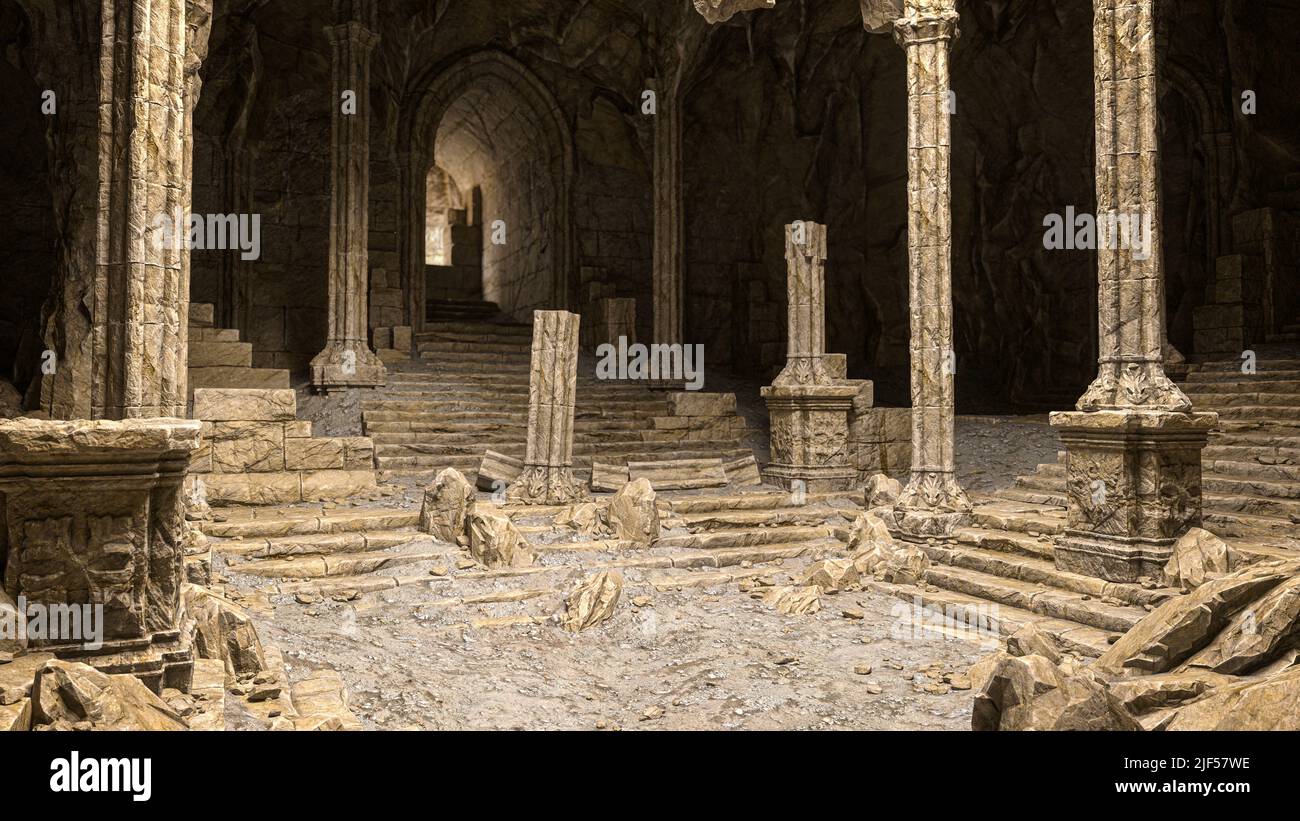 Ruin of old underground fantasy temple built in a mountain. 3D ...