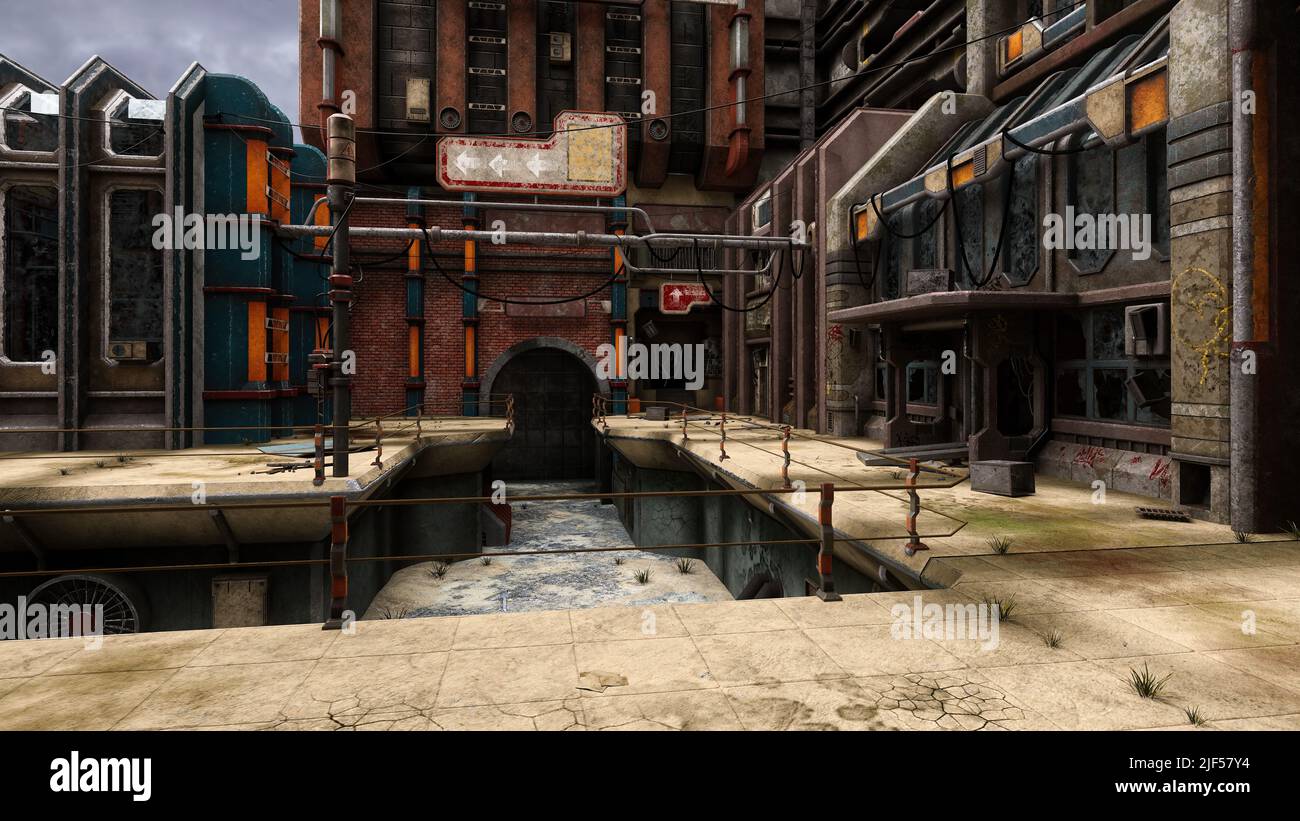 Ruined empty post apocalyptic urban area. 3D illustration Stock Photo ...