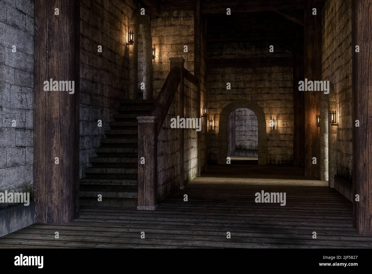 Medieval castle hallway with stairs leading to upper floor. 3D ...