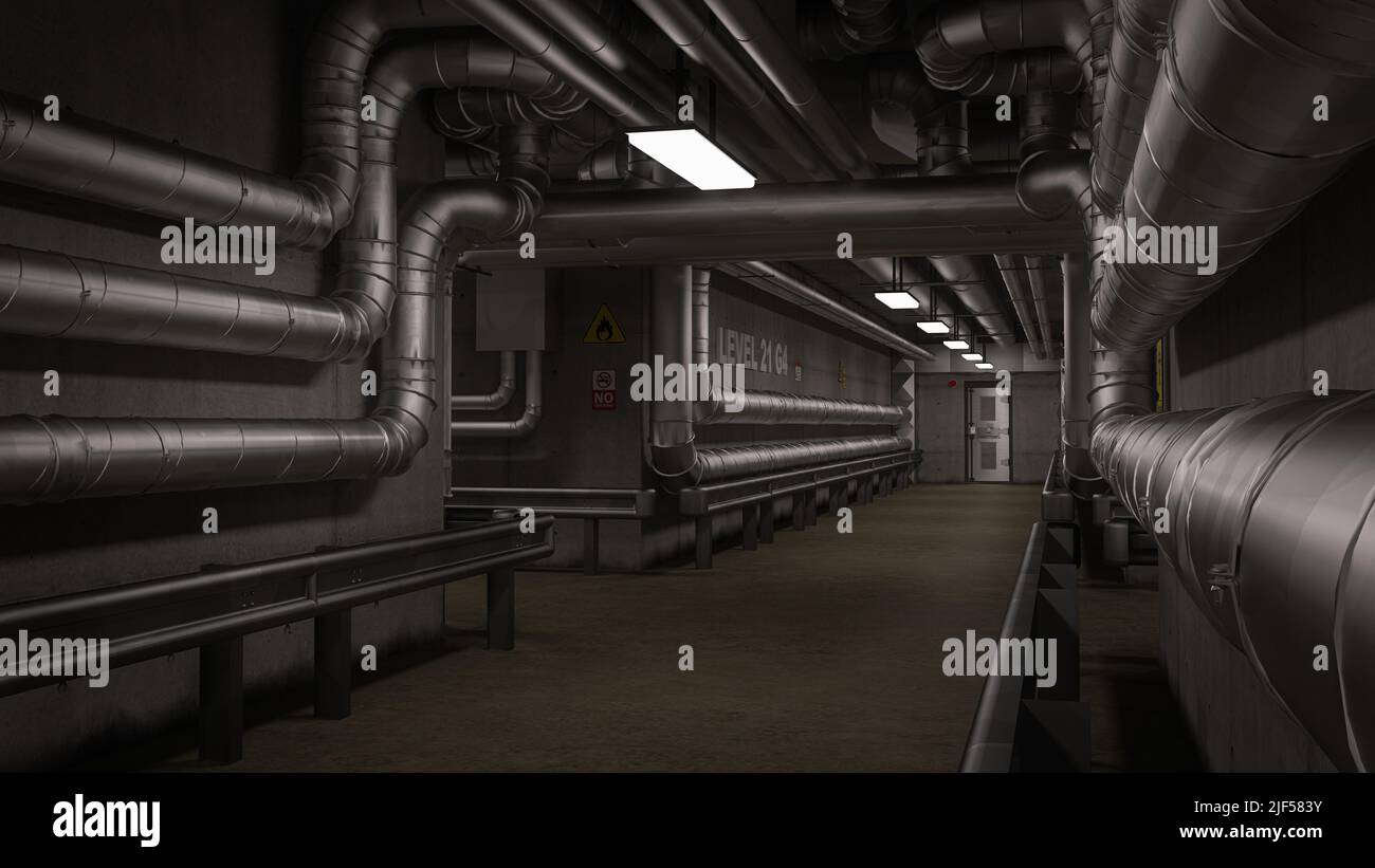 Dark industrial interior corridor with metal piping along the walls. 3D ...