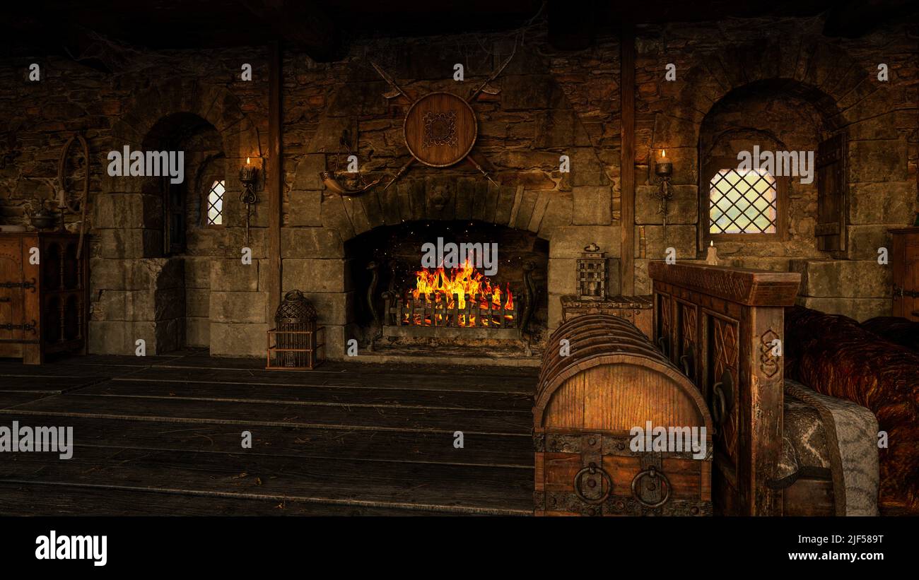 Bedroom with open fireplace in an old medieval inn or house. 3D ...